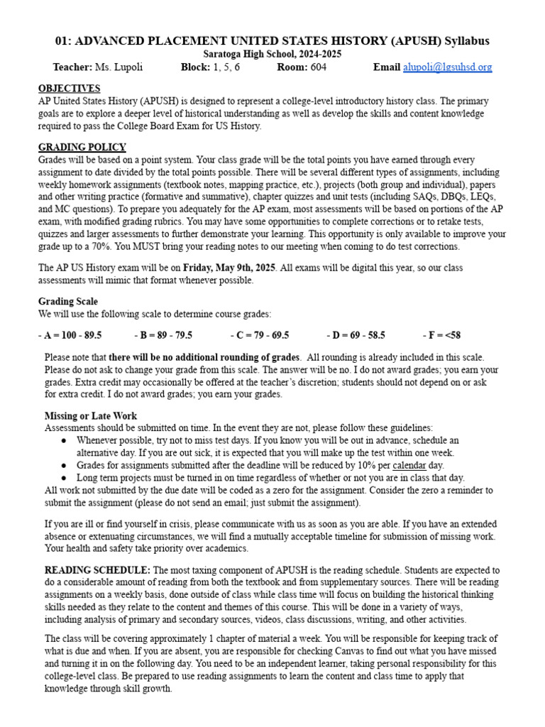 01 Lupoli APUSH Syllabus 2024 | PDF | Advanced Placement | Educational ...