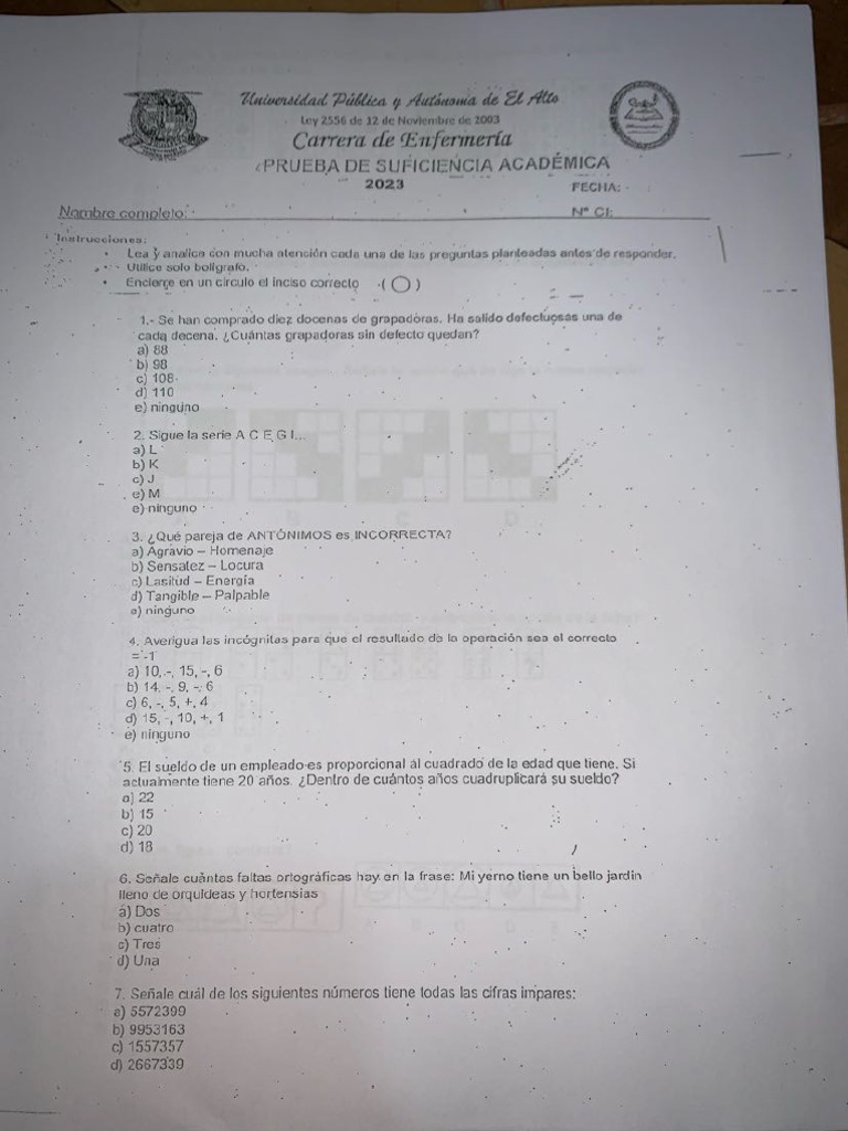 Examenes enfermeria upea | PDF