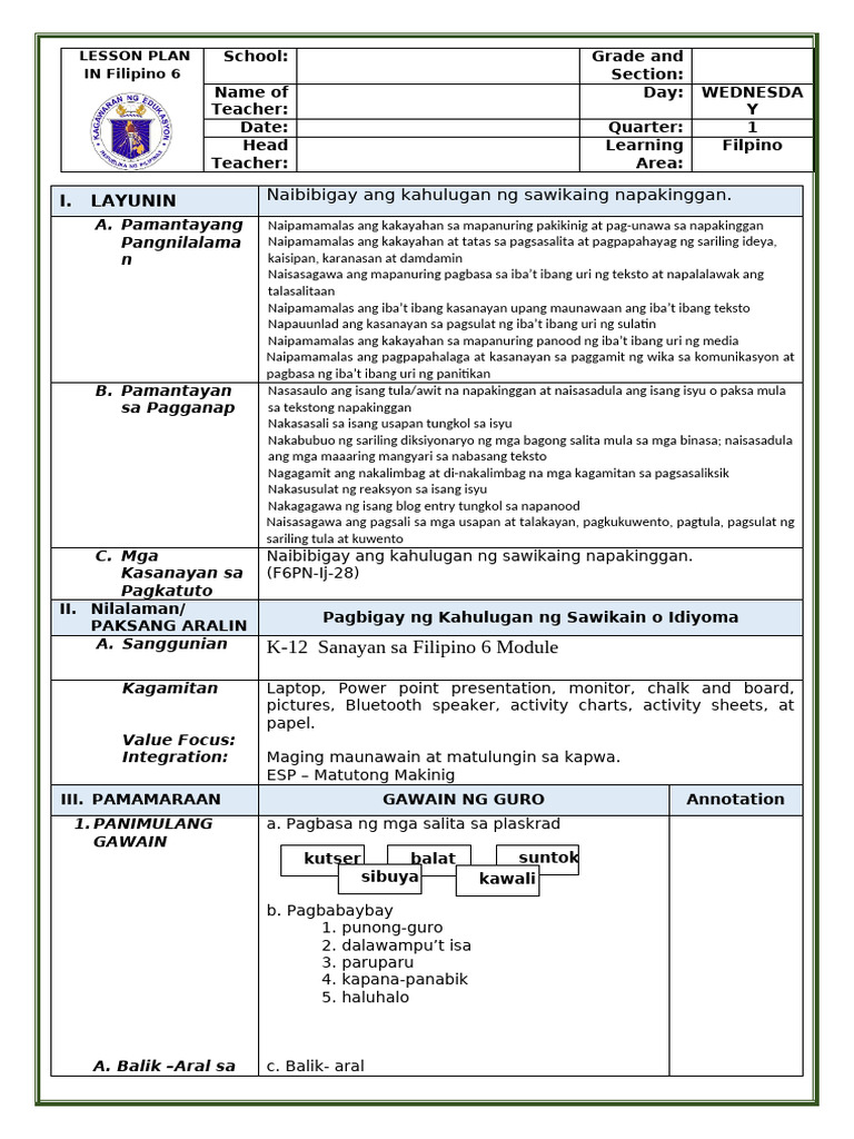 Q1. FILIPINO 6 CO - Sawikain | PDF