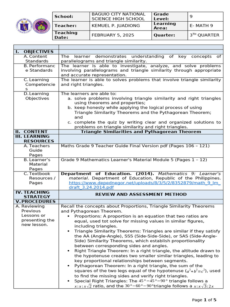 Juadiong, Kemuel P. - 5TH Lesson Plan | PDF | Triangle | Elementary Geometry