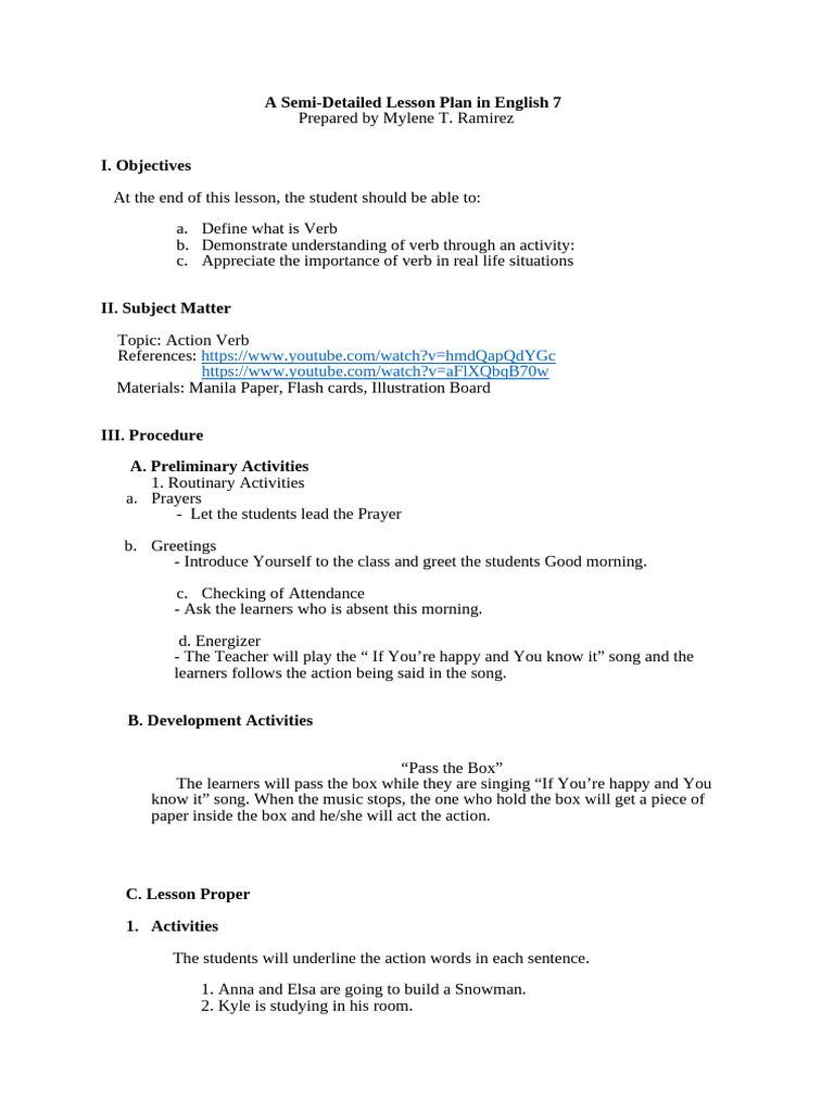 Lesson Plan on Action Verbs for Grade 7 | PDF | Verb | Grammatical Tense