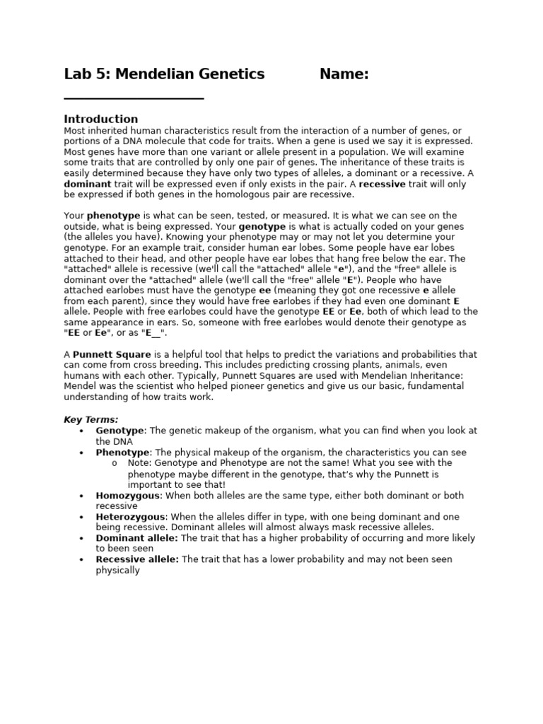 Lab 5 - Mendelian Genetics (virtual) | PDF | Dominance (Genetics ...