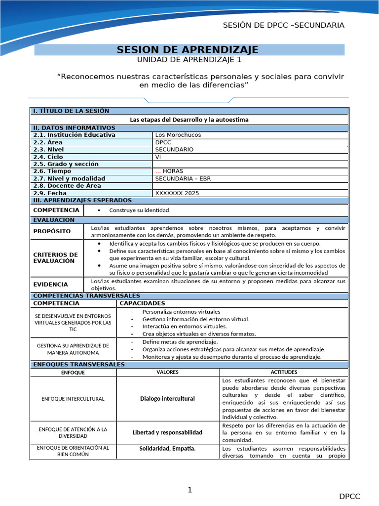 1º Ses Act 1 - DPCC 2025 | PDF | Aprendizaje | Autoestima