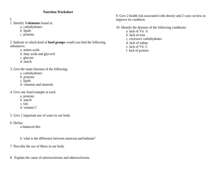 Essential Nutrition Worksheet Guide | PDF