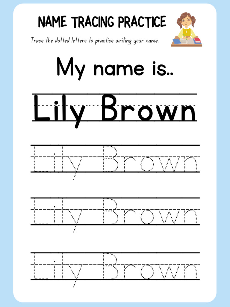 Blue Minimalist Name Tracing Practice Worksheet | PDF