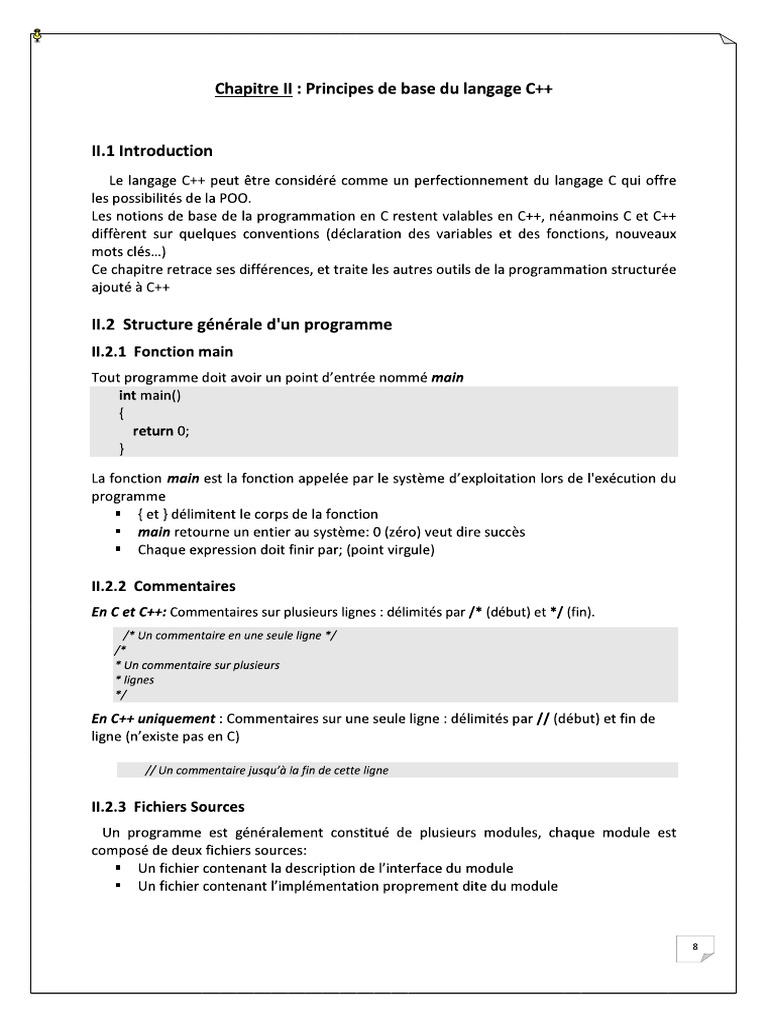 Chapitre II - Principes de base du langage C++ | PDF