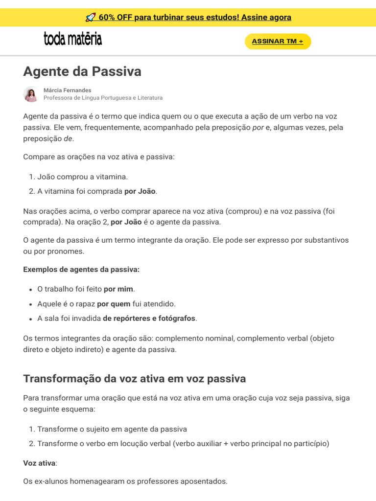 Agente da Voz Passiva: Definição e Exemplos | PDF | Assunto (gramática ...