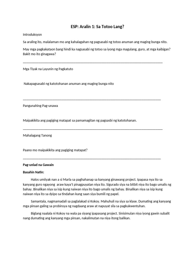 Esp Aralin 1 Sa Totoo Lang | PDF