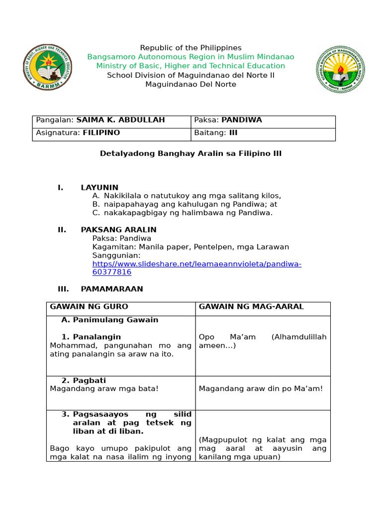Saima Lesson Plan Pandiwa | PDF