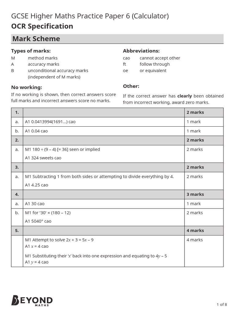 GCSE Higher Maths OCR Practice Paper 6 (Calculator) Mark Scheme | PDF | Mathematics | Applied ...