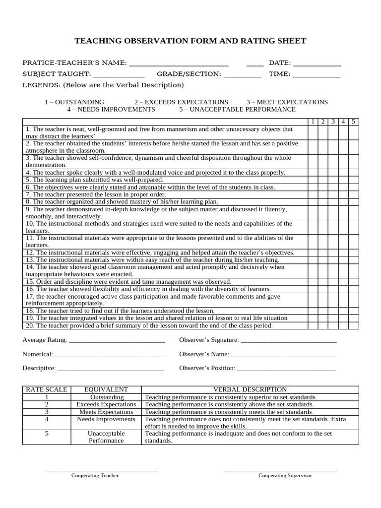 TEACHING-OBSERVATION-FORM-AND-RATING-SHEET | PDF | Teachers | Learning