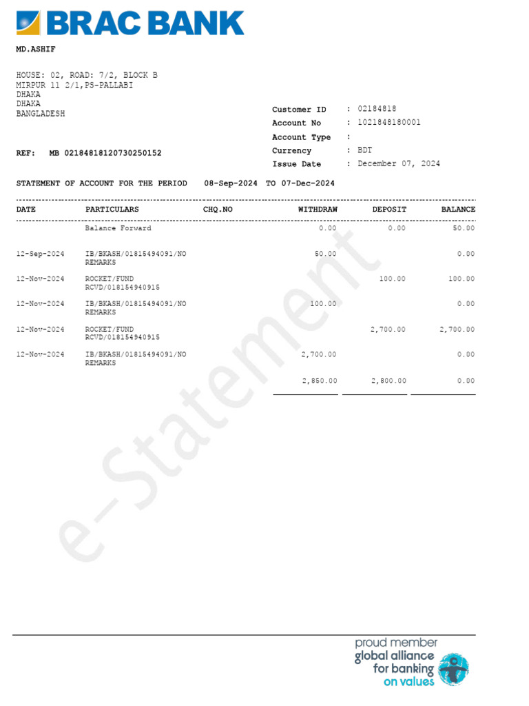 BRAC Bank Statement 07122025 | PDF | Money | Service Industries
