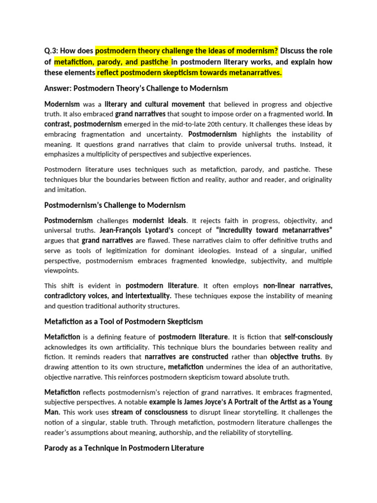 Q.3. Post-Modernism Challenge To Modernism | PDF | Postmodernism ...