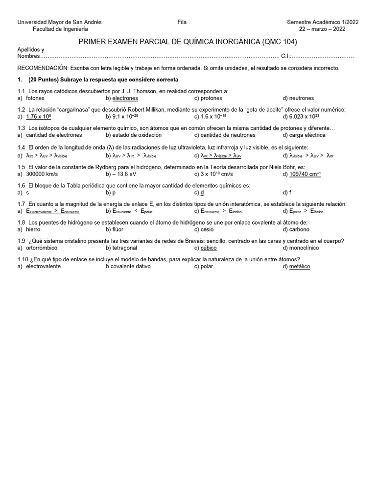 SOLUCIÓN Primer Parcial Pregunta 1 MODELO 1 | PDF | Enlace químico | Electrón