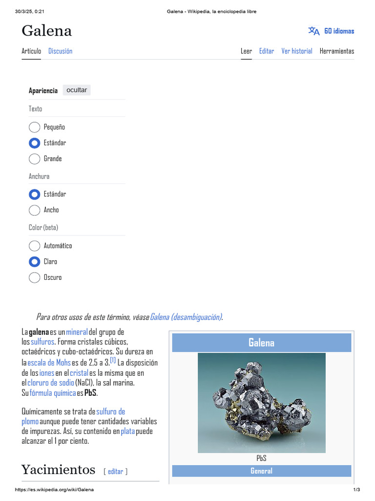 Galena - Wikipedia, La Enciclopedia Libre | PDF | Átomos | Sustancias químicas