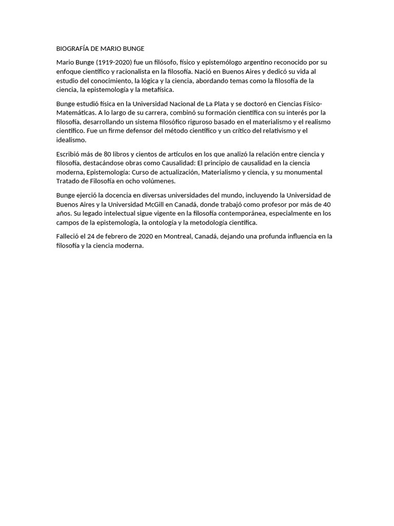Biografía de Mario Bunge: Filósofo y Científico | PDF