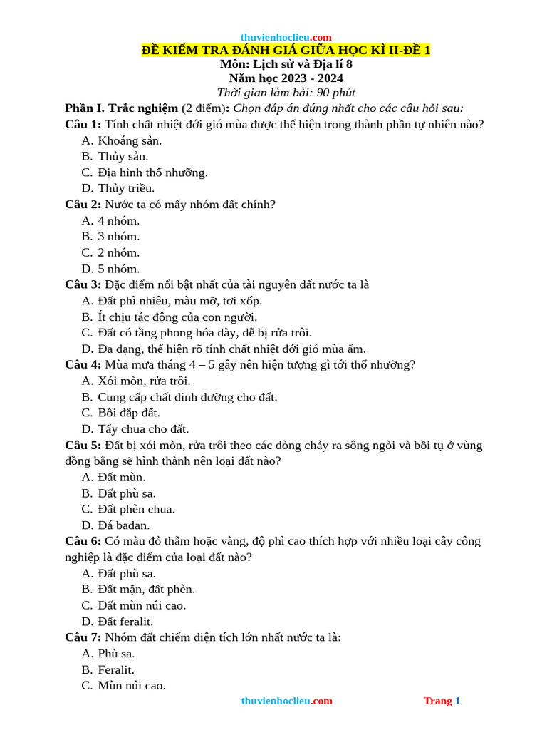 Bo de On Tap Giua HK2 Dia Li 8 KNTT | PDF