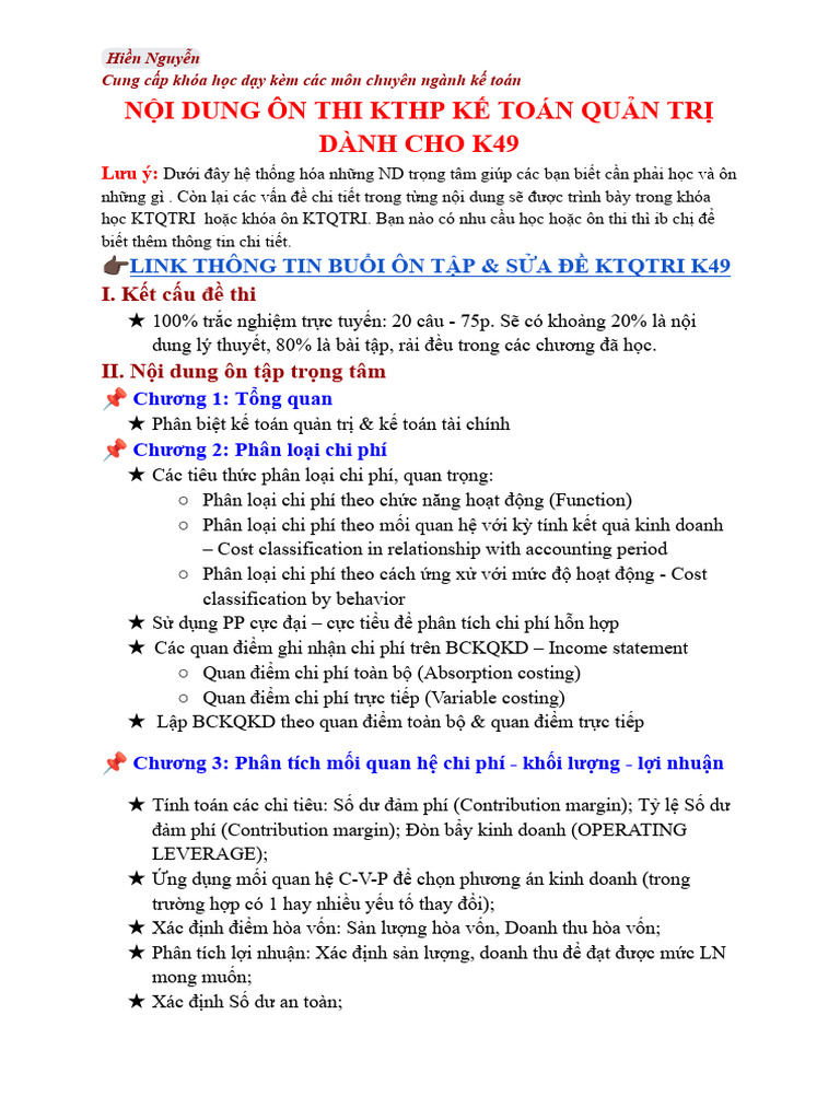 Nội Dung Ôn Thi Kế Toán Quản Trị k49 (p) | PDF