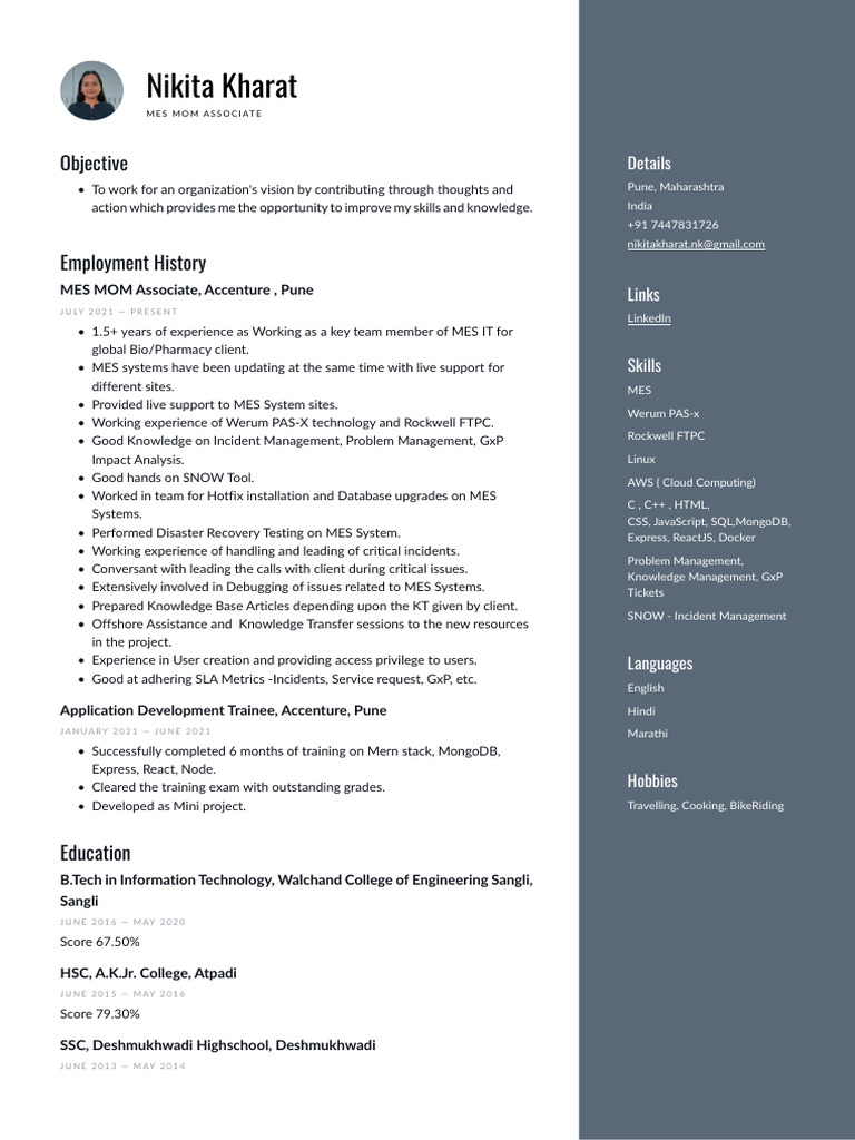 Nikita Kharat - MES MOM Associate 2 | PDF | Computing | Information Technology