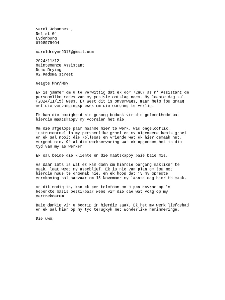 Sarel Johannes Dreyer Bedankings Brief | PDF