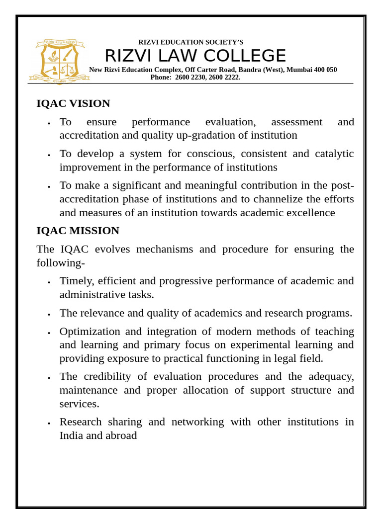 Iqac Vision and Mission. | PDF