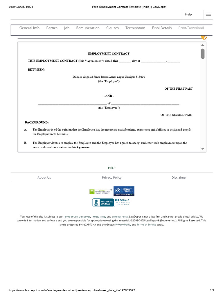 Free Employment Contract Template India | PDF | Employment | Terms Of ...