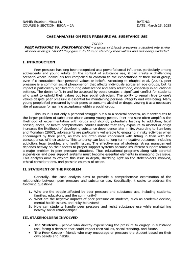 Case Analysis Esteban, Micca M. - BSOA 2-A | PDF | Adolescence | Substance Abuse