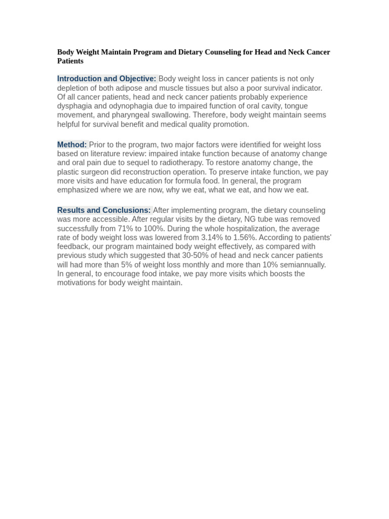Body Weight Maintain and Dietary Counseling For Head and Neck Cancer ...