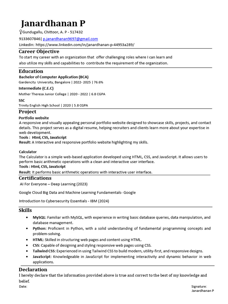 Janardhanan P's Resume Overview | PDF