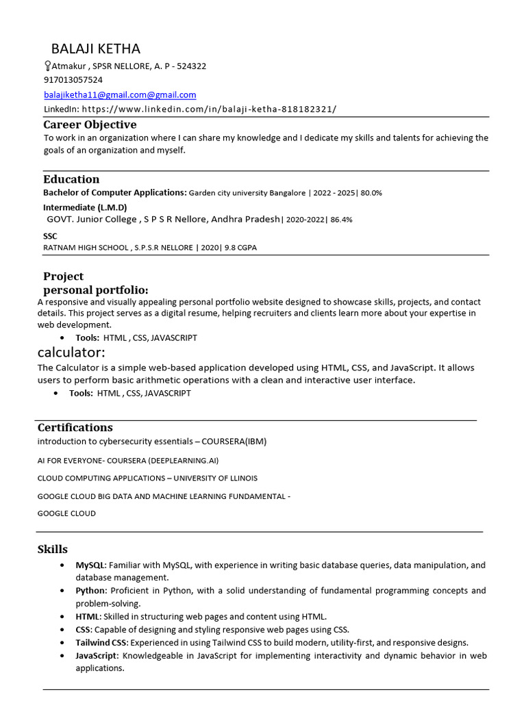 BALAJI_fresher_resume (1) | PDF