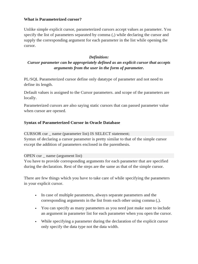 What Is Parameterized Cursor | PDF | Parameter (Computer Programming) | Pl/Sql