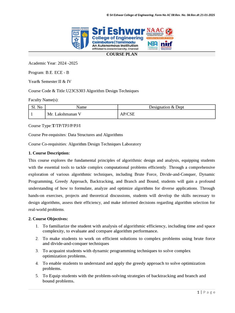 ADT Course Plan - Lakshmanan V - I ECE B Final Copy | PDF | Engineering ...