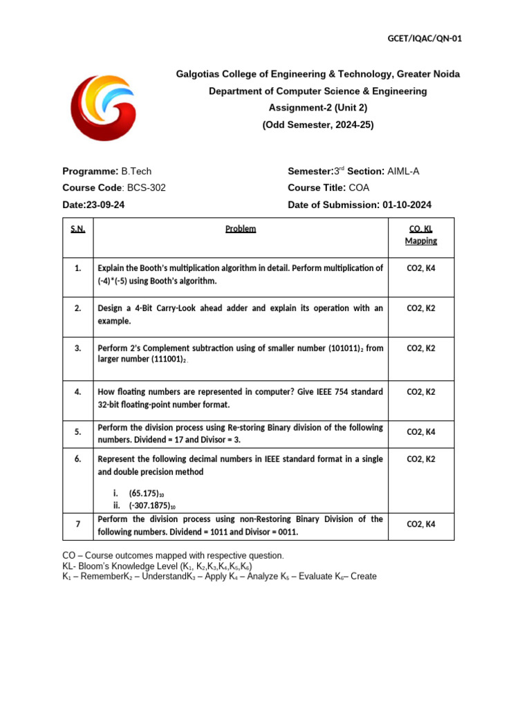 Assignment 2 Unit 2 - COA - 2024-25 | PDF