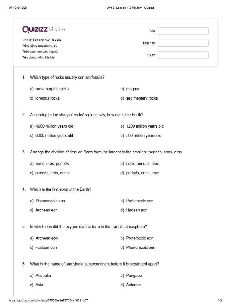 Unit 3 - Lesson 1-2 Review - Quizizz | PDF | Rock (Geology) | Earth