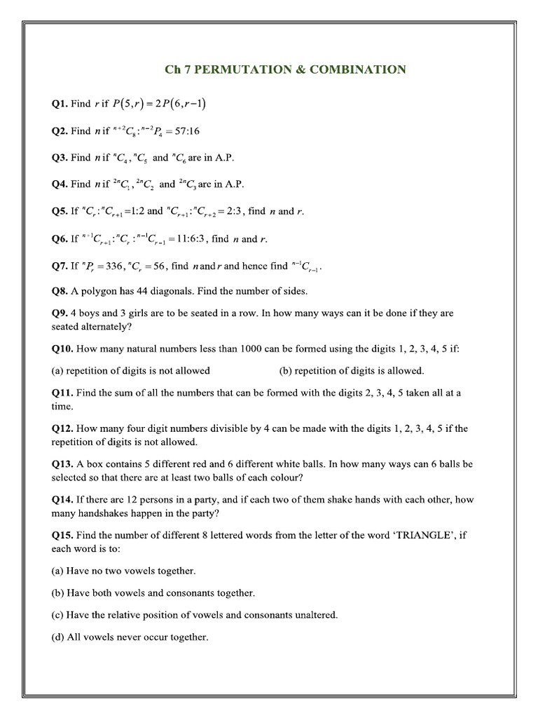 Assignment - Permutations and Combinations-XI | PDF