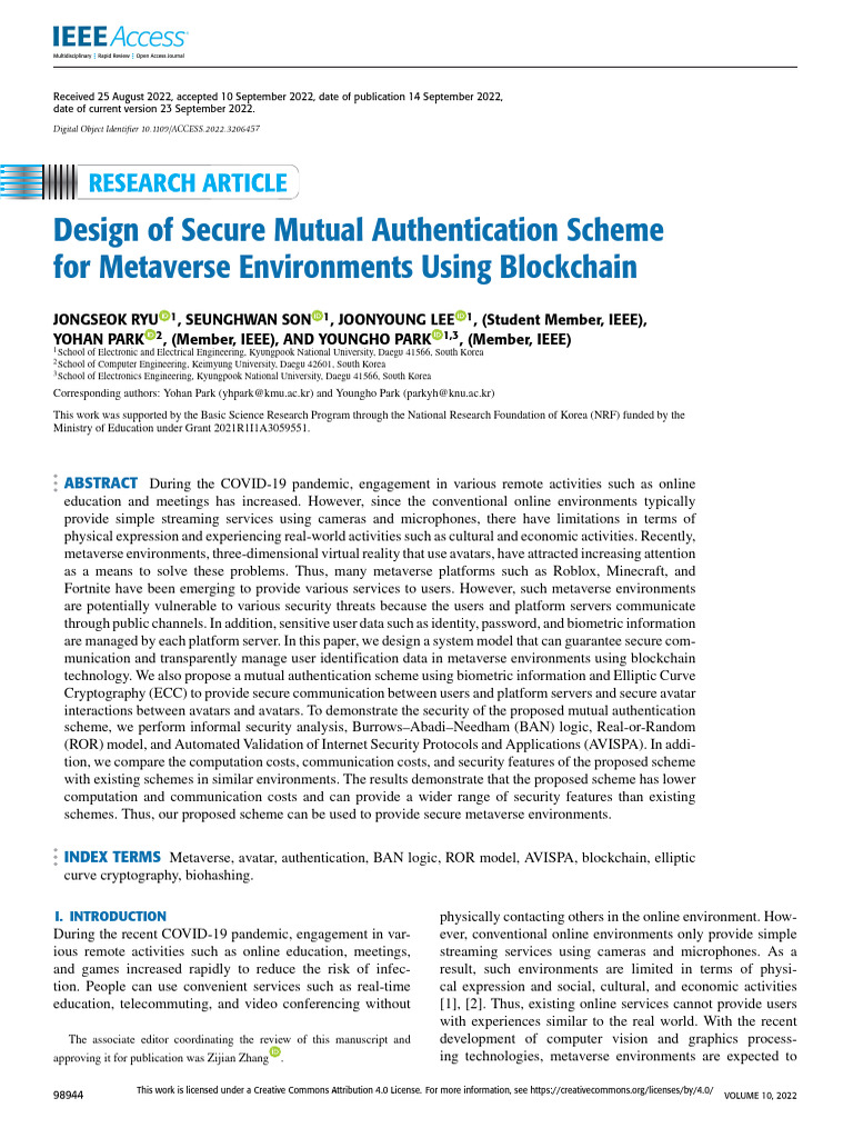 Design of Secure Mutual Authentication Scheme For Metaverse Environments Using Blockchain | PDF ...