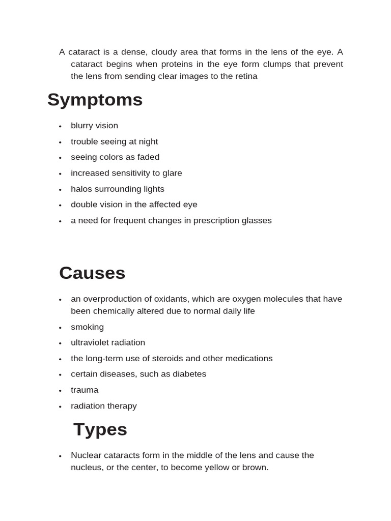 Understanding Cataracts: Symptoms, Causes, Types | PDF