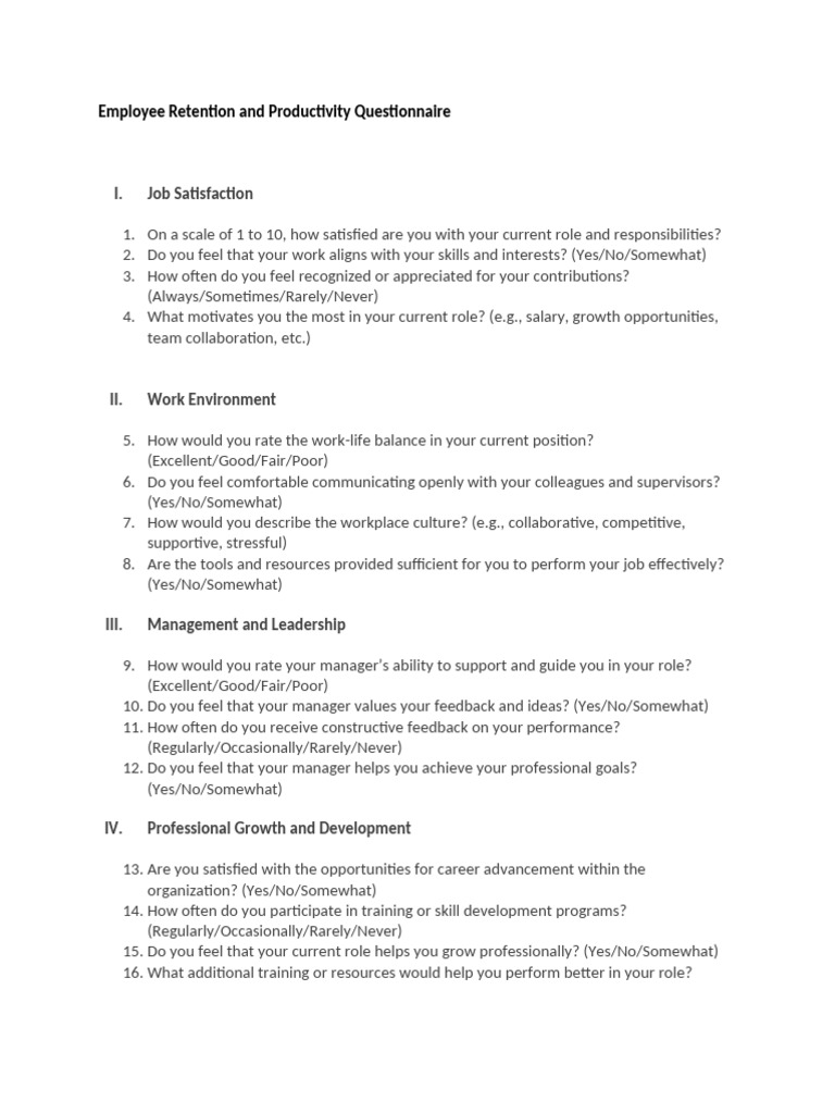 Employee Retention and Productivity Sample Questionnaire | PDF ...
