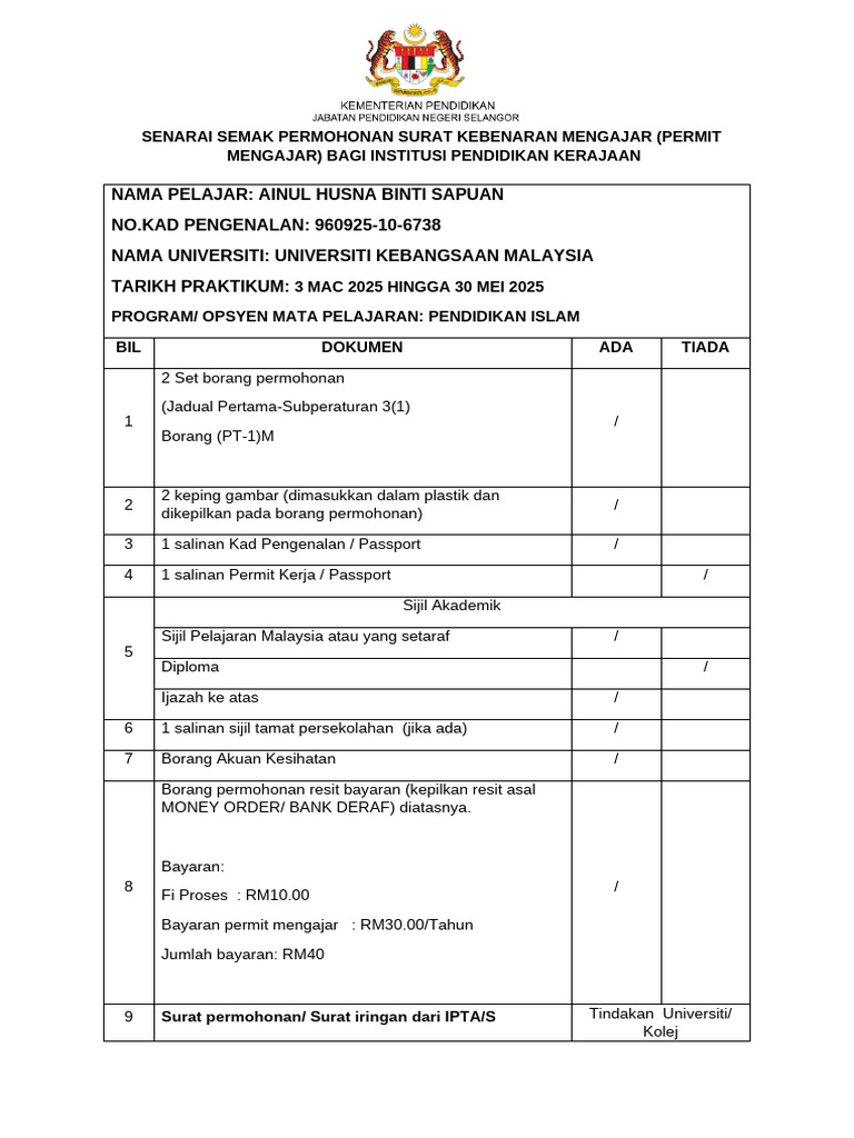 Senarai Semak Permit Mengajar | PDF