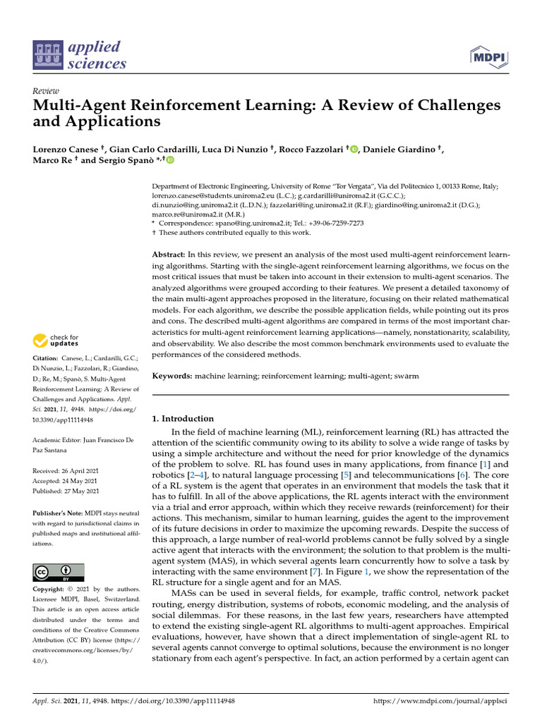 Multi Agent Reinforcement Learning A Rev | PDF | Cognition | Learning