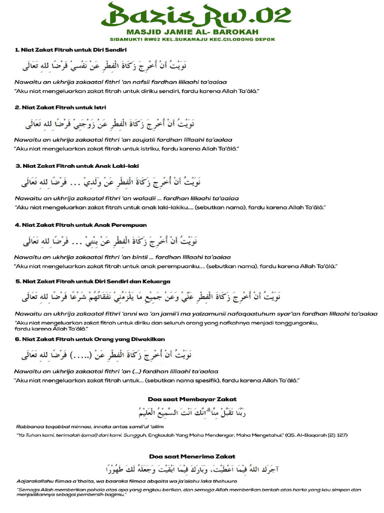 Niat & Doa Zakat Fitrah Bazis RW 02 (Ukrn Kertas Polio) | PDF