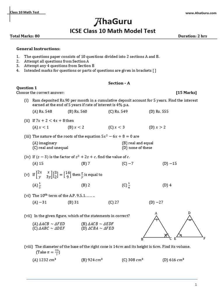 Class 10 Math Model Test Paper | PDF | Sphere | Classical Geometry