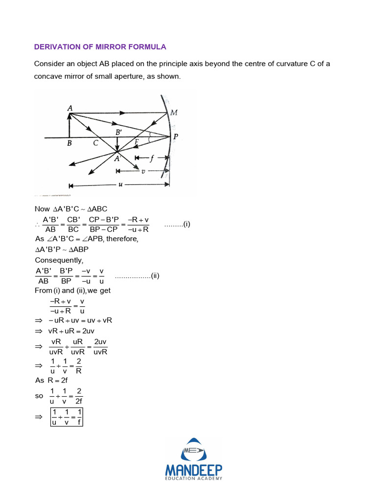Derivation of Mirror Formula & Lens Formula | PDF