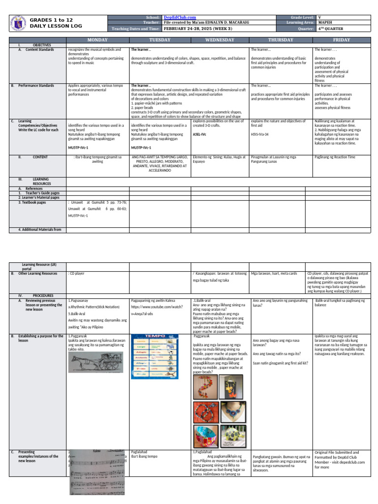 DLL - Mapeh 5 - Q4 - W3 | PDF