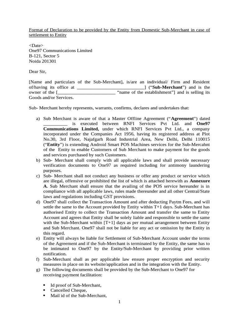 Declaration Letter Entity Settlement (Proprietorship, Partnership ...