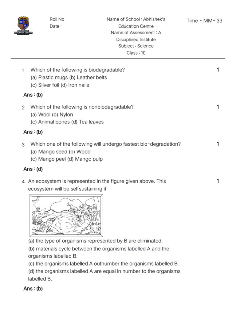 Our Environment Test Answer | PDF | Food Web | Natural Environment