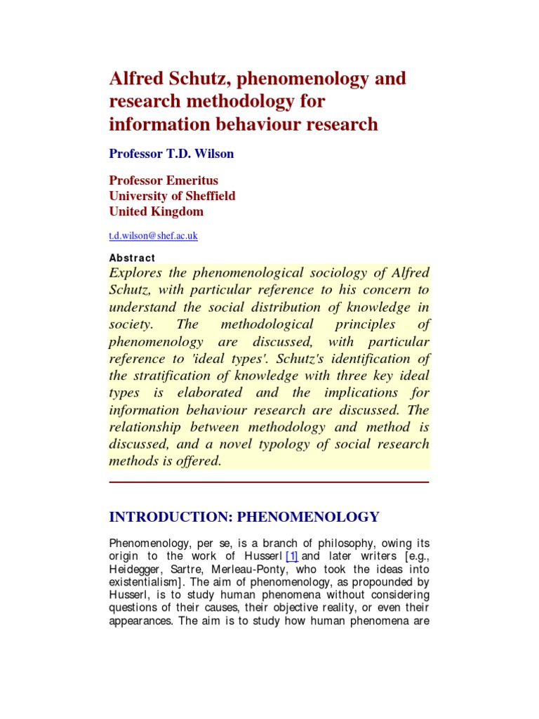 Schutz's Phenomenology in Sociology | PDF | Phenomenology (Philosophy ...