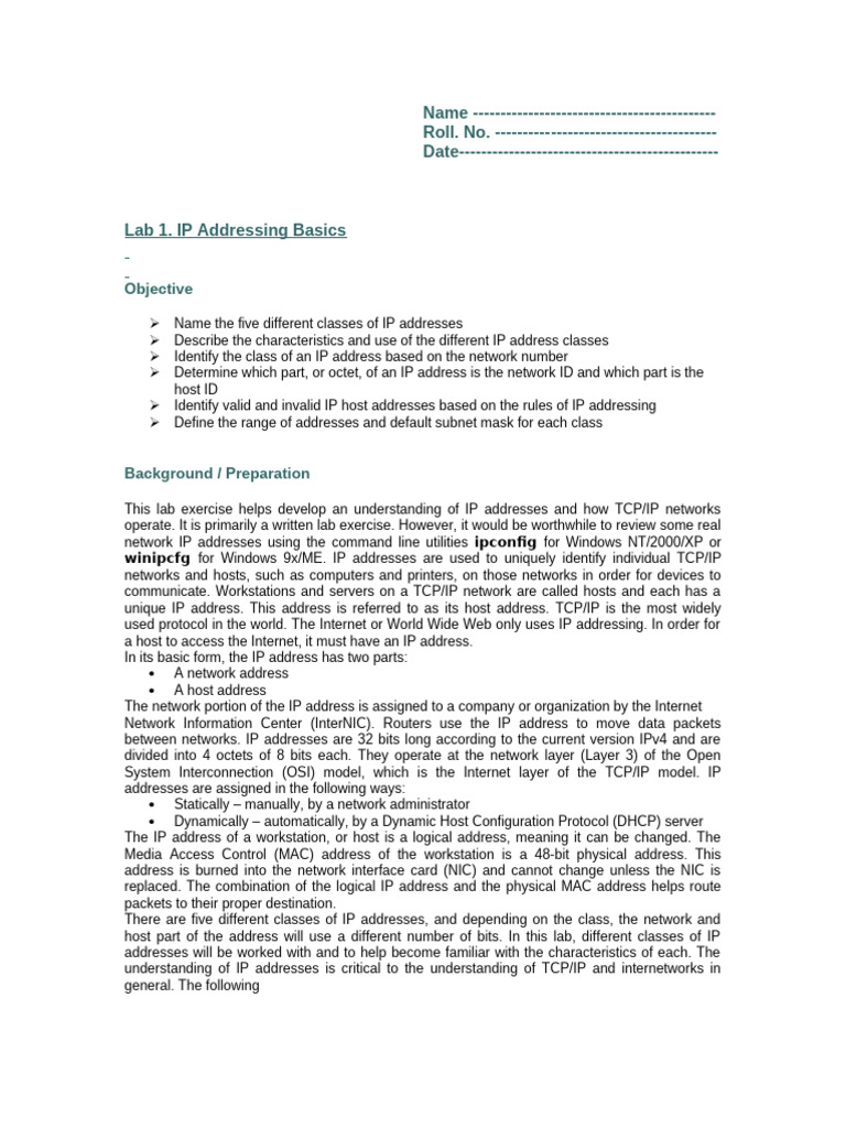 Exp 01 - IP Address Basics | PDF | Ip Address | Computer Network