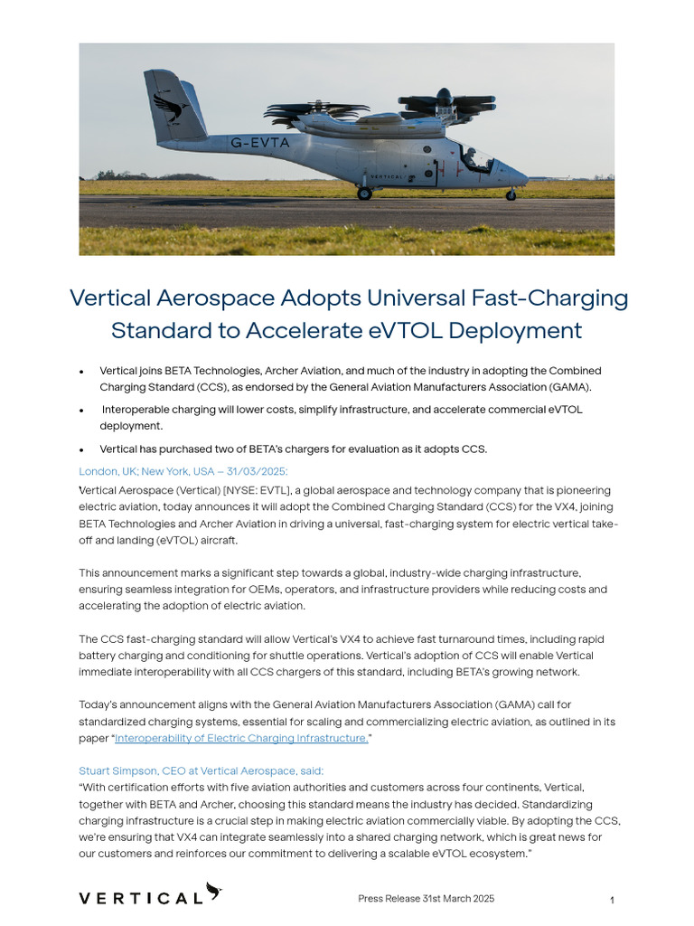 Vertical Aerospace Adopts Universal Fast Charging Standard To Accelerate EVTOL Deployment | PDF ...