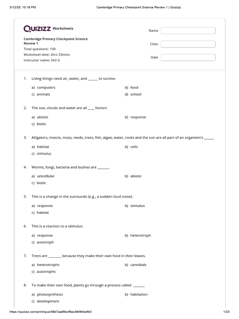 Cambridge Primary Checkpoint Science Review 1 - Quizizz | PDF | Seed ...